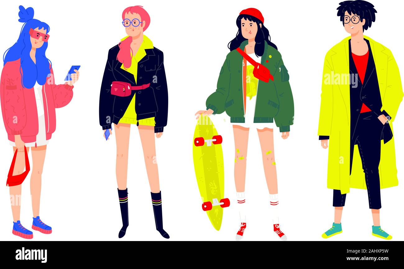 Illustration of a young fashionable people. Vector. Girls and boys in ...
