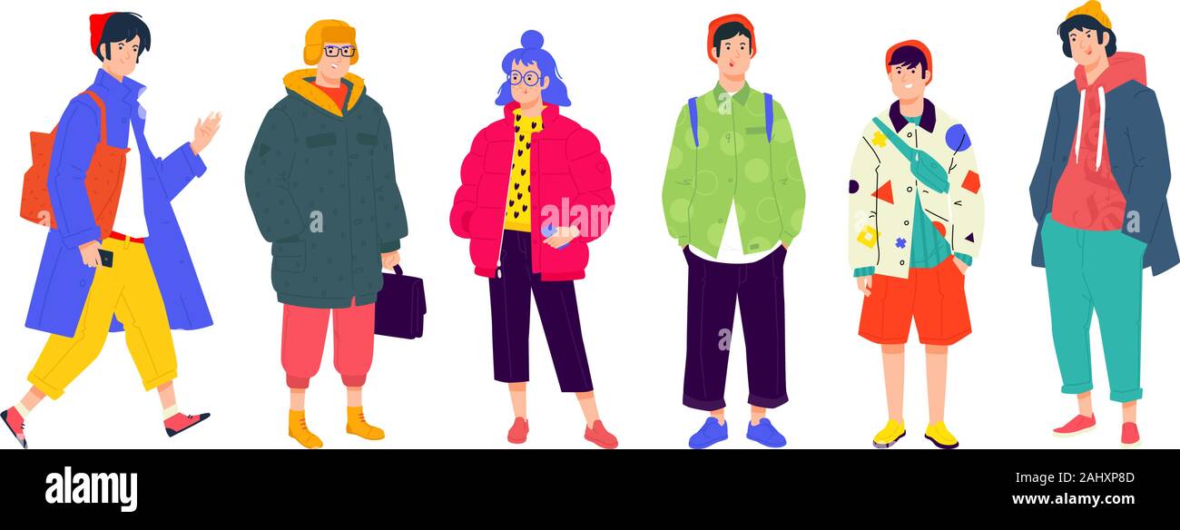 Illustration of a young fashionable people. Vector. Girls and boys in ...