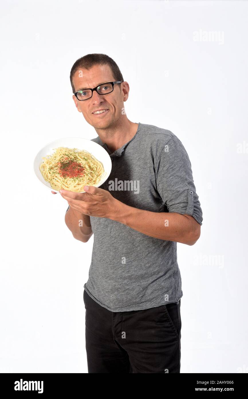 man with spaghetti on white background Stock Photo - Alamy