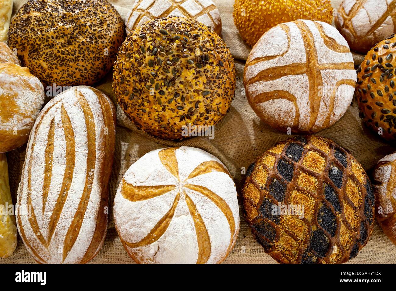 Different kinds of breads seen from above Stock Photo - Alamy