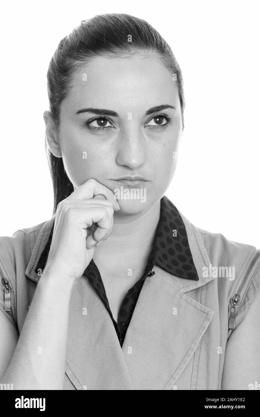 Face of beautiful businesswoman thinking with hand on chin Stock Photo ...