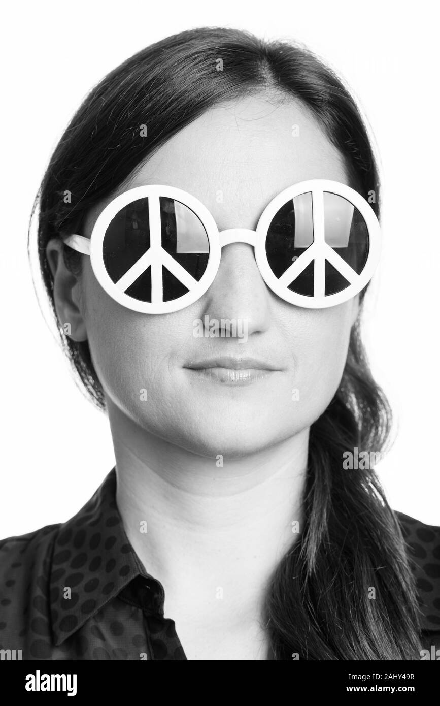Face of beautiful woman wearing sunglasses with peace sign Stock Photo ...