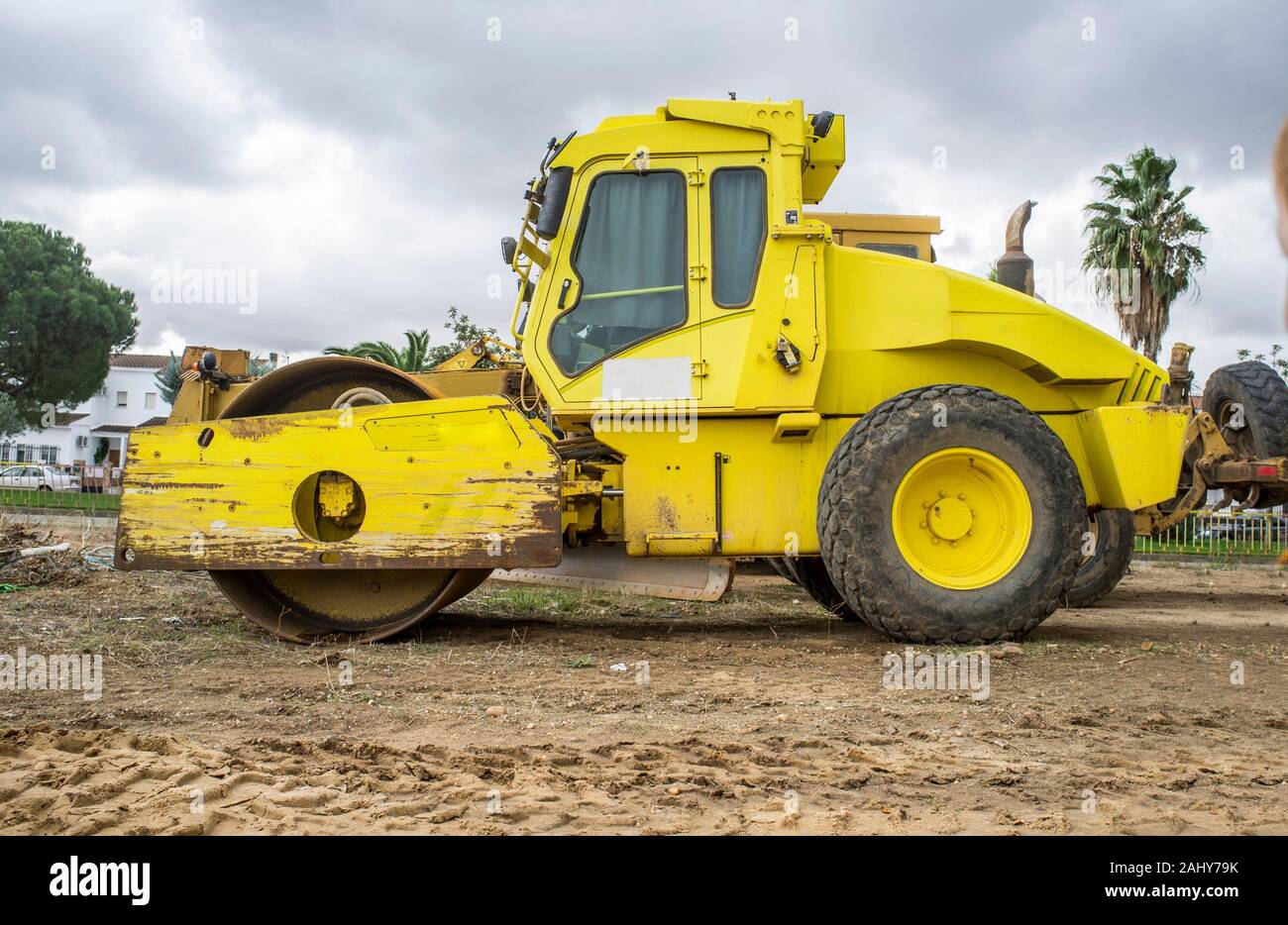 Pneumatic Tire Roller machine. Grey cloudy sky as background Stock ...