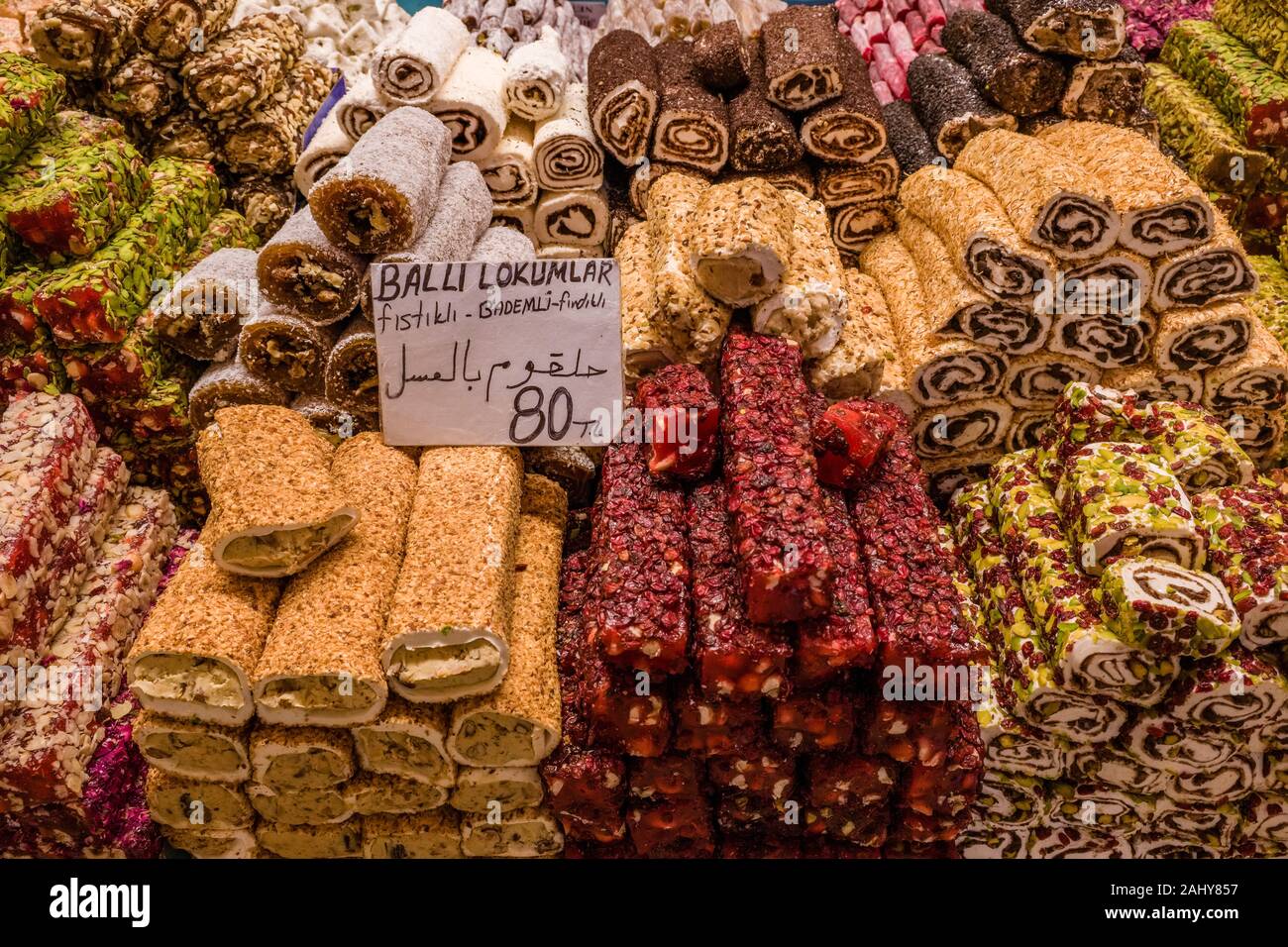 Big variety of Turkish Delight, Lokum, are offered for sale inside the ...