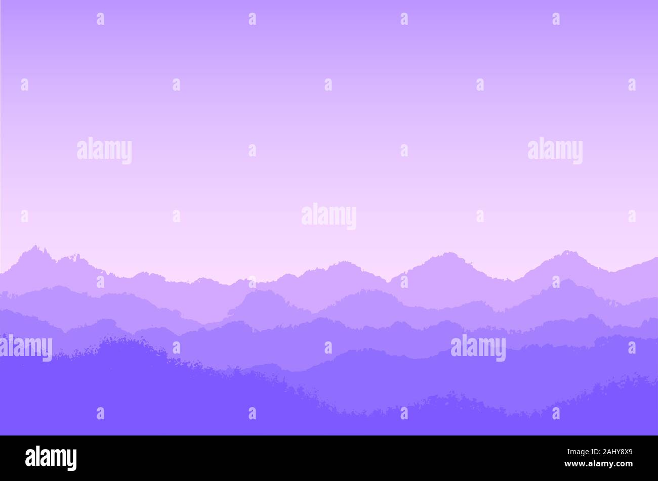 Violet mountain landscape with fog and forest by different levels ...