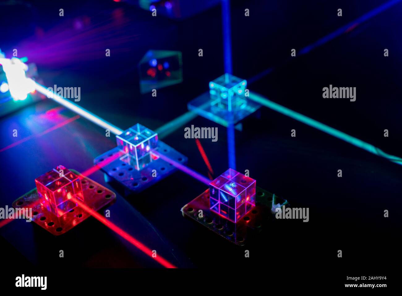Laser beams in the laboratory of optical physics Stock Photo - Alamy