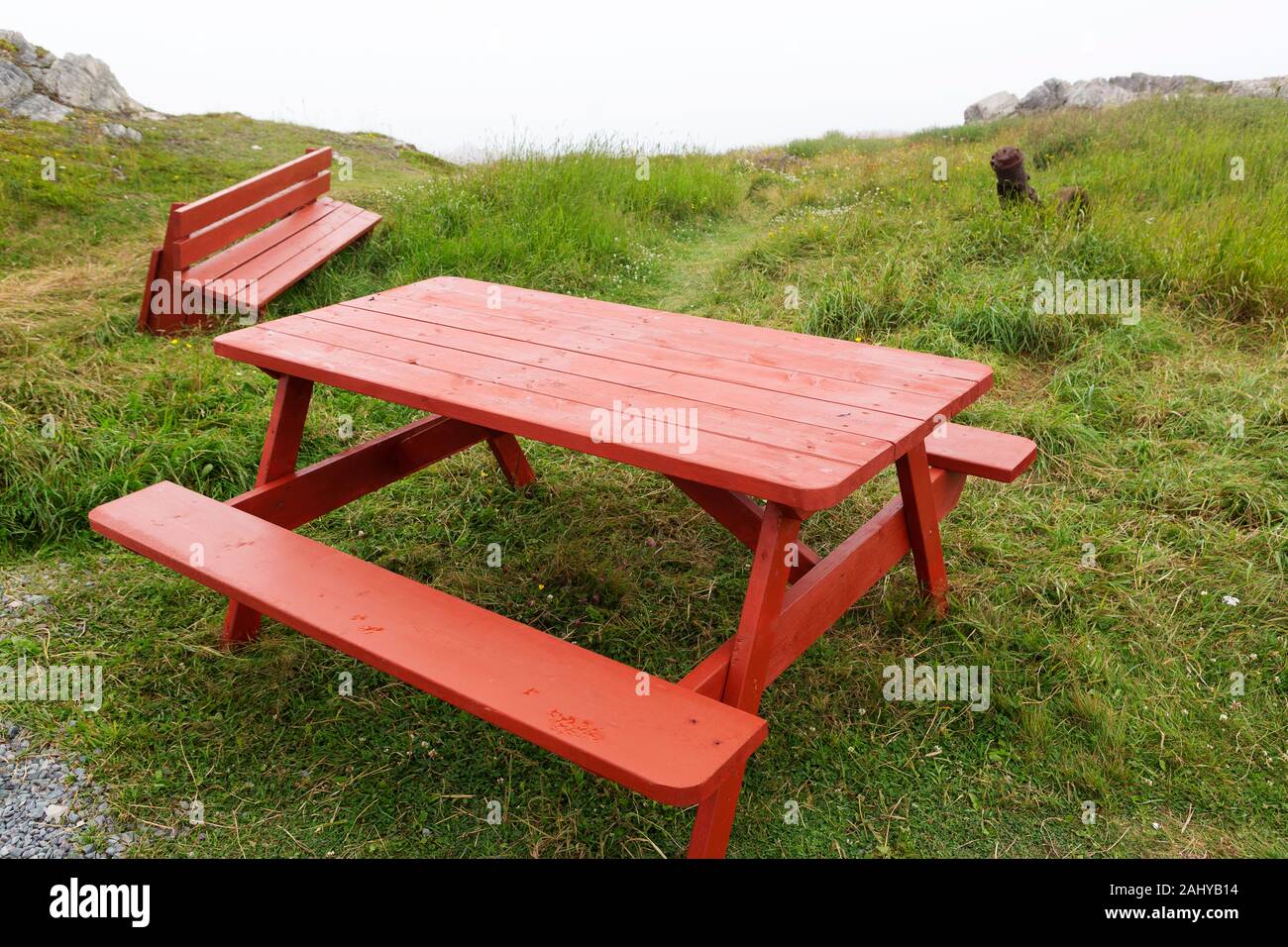 Picnic table on a foggy day Ferryland Lighthouse in Newfoundland and ...