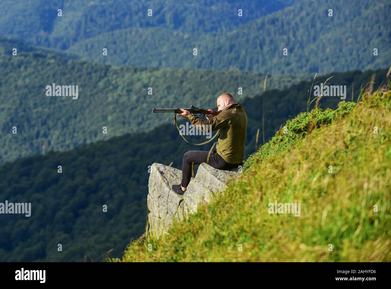 military style. male in camouflage. soldier in the field. polygon ...