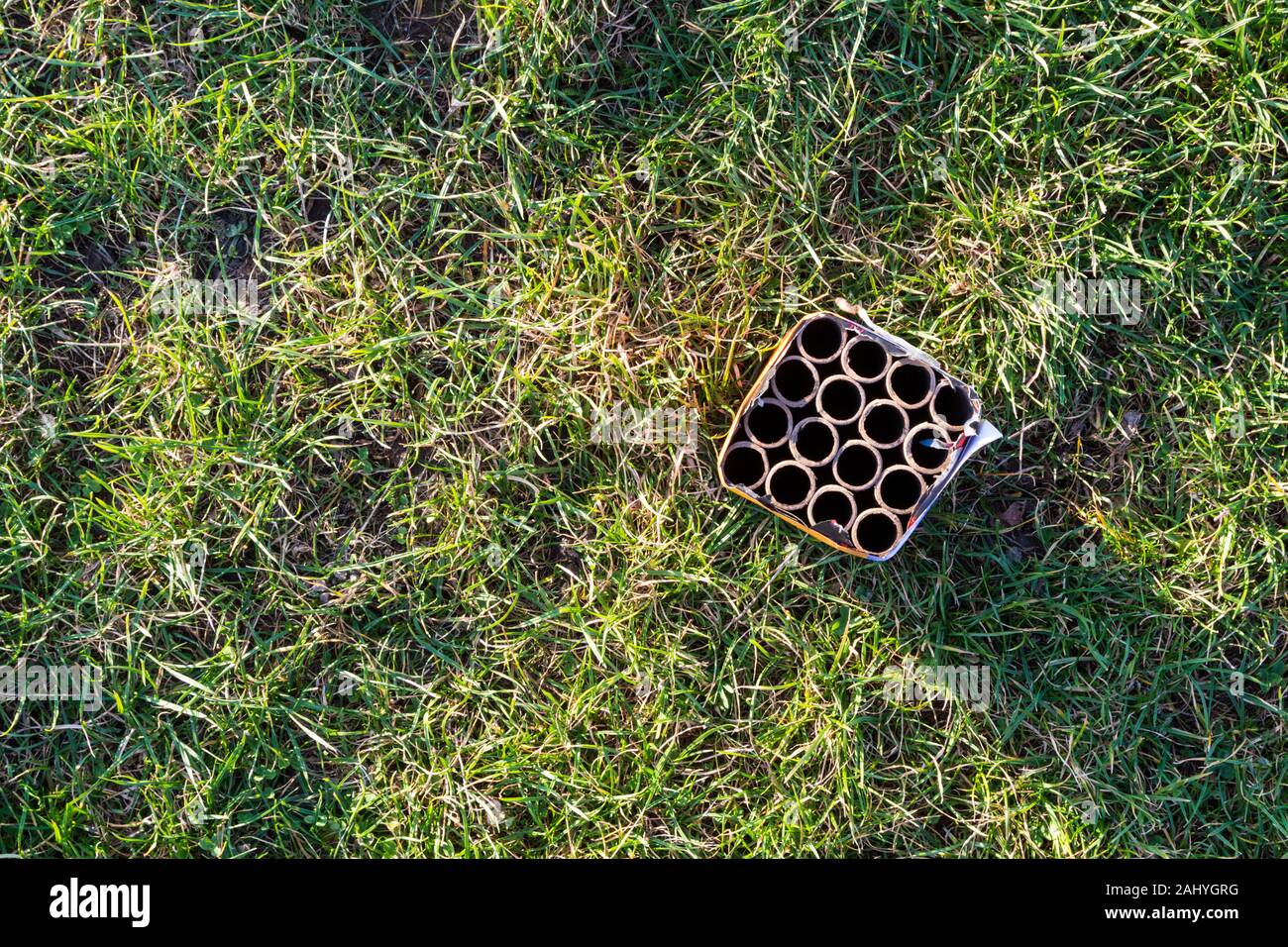 Fireworks waste litter after new years eve on grass top view Stock ...