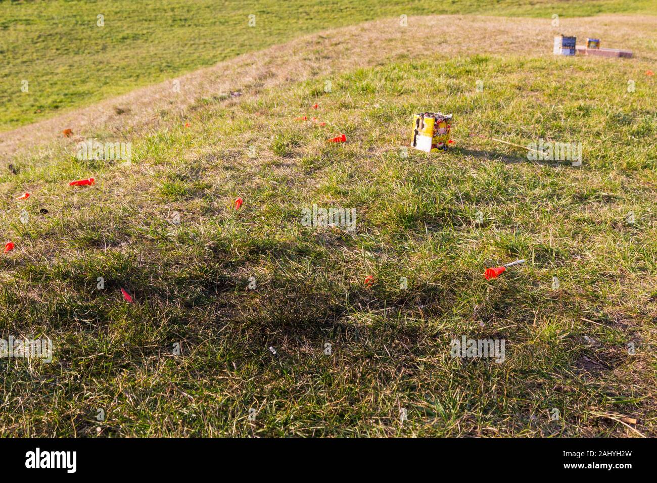 Fireworks waste litter, burnt grass after new years eve on grass Stock ...