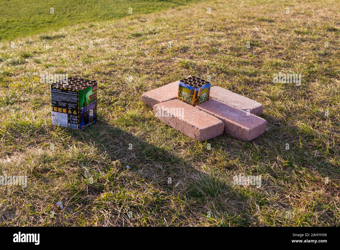 Fireworks waste litter after new years eve on grass Stock Photo - Alamy