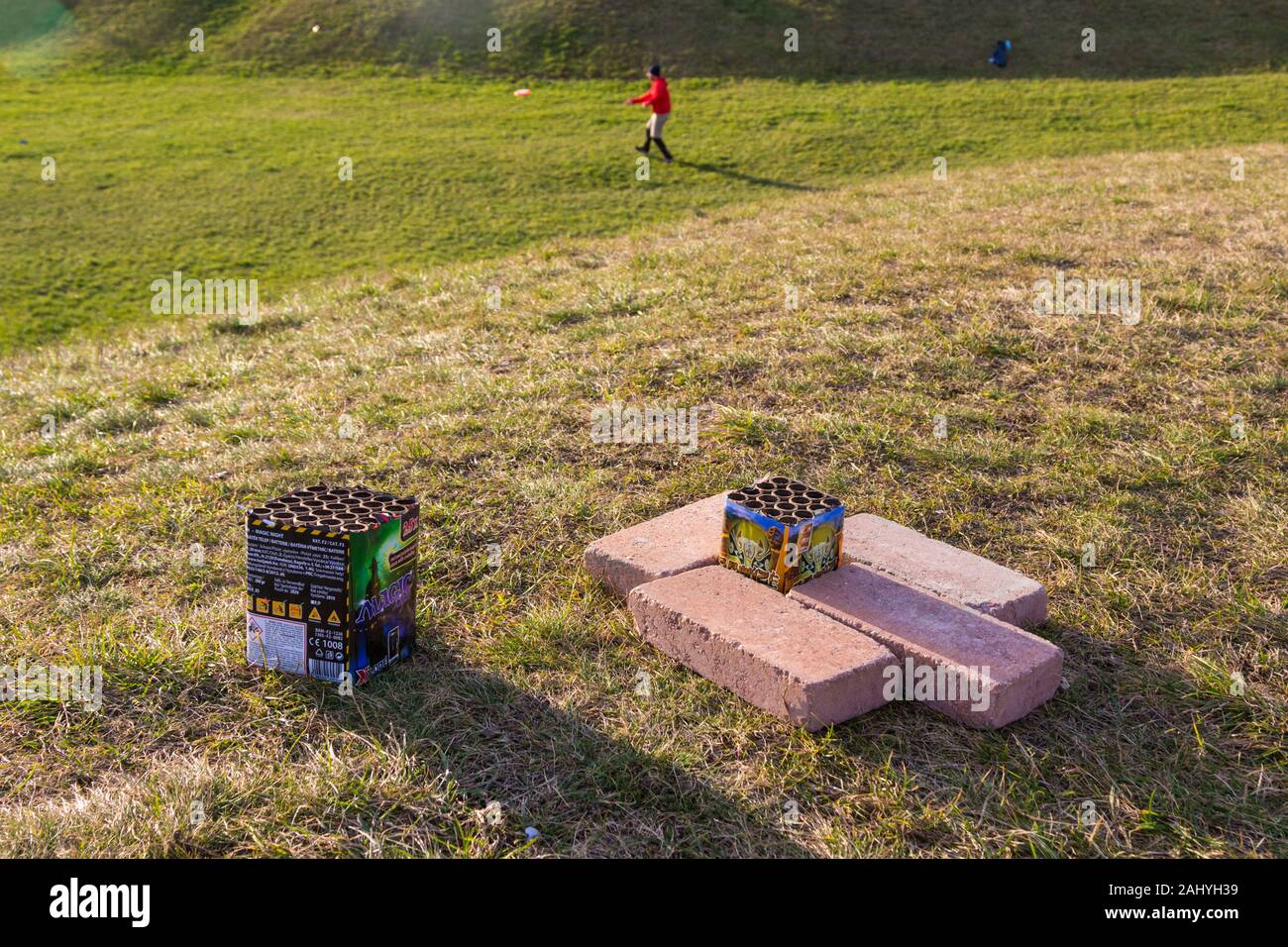 Fireworks waste litter after new years eve on grass Stock Photo - Alamy
