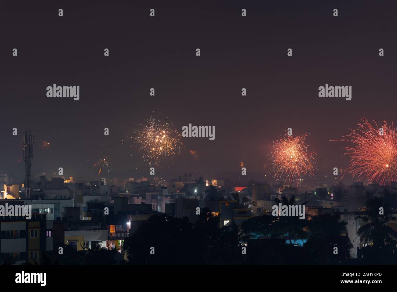 Bursting fireworks during the Divali festival of light over the city of ...