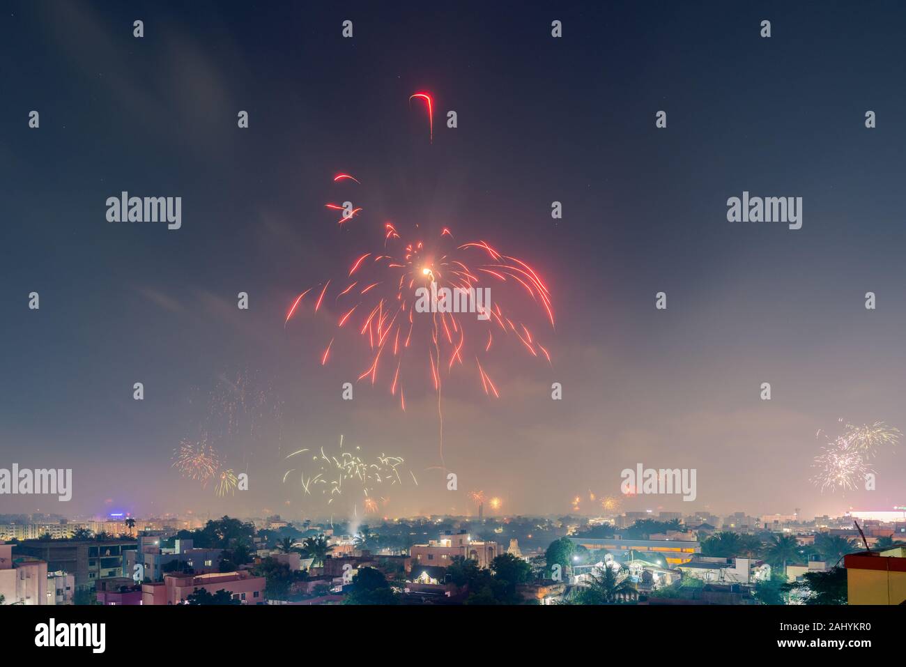 Bursting fireworks during the Divali festival of light over the city of ...