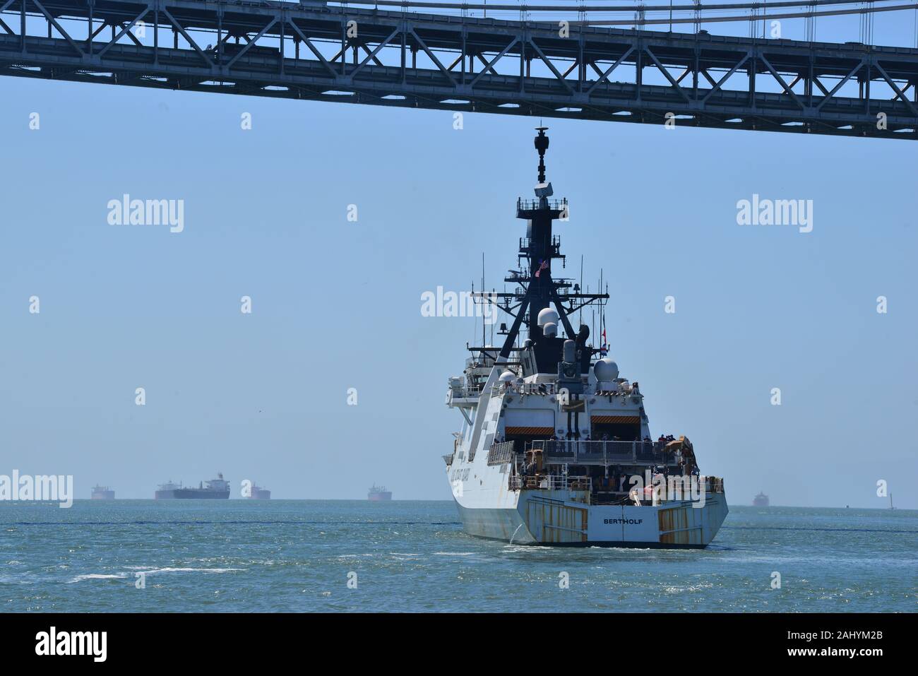 The Coast Guard Cutter Bertholf (WMSL 750) passes under San Francisco’s ...