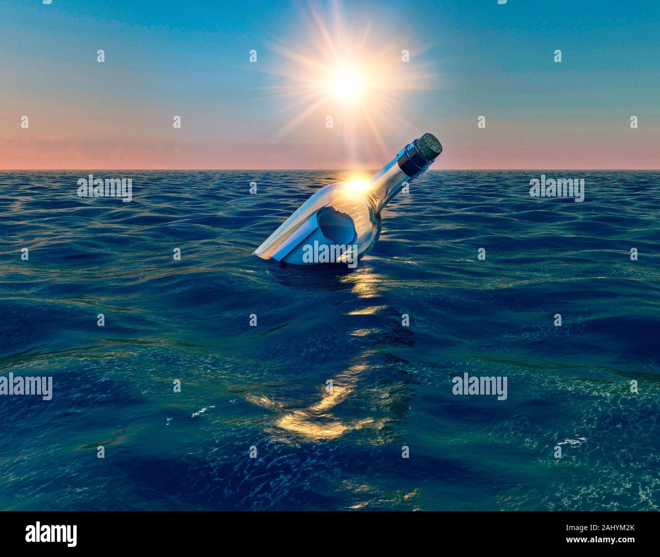Message in the bottle, bottle floating in the ocean at sunset, 3d ...