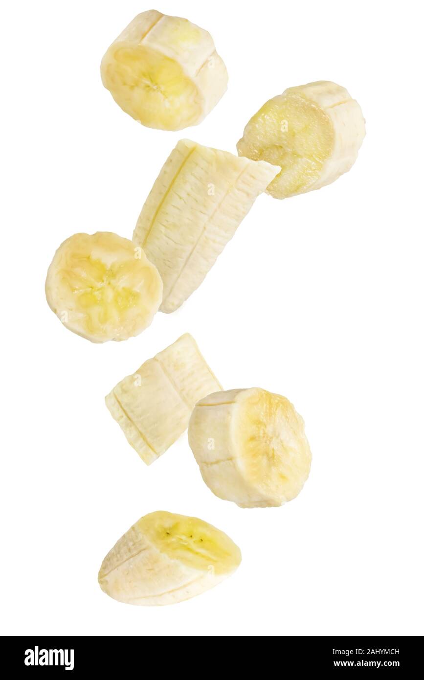 Isolated falling fruits. Falling banana fruit isolated on white ...