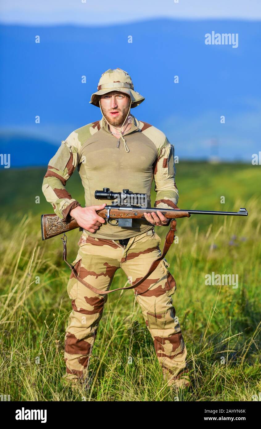 Hobby for real men. man with gun. military male fashion. war time ...