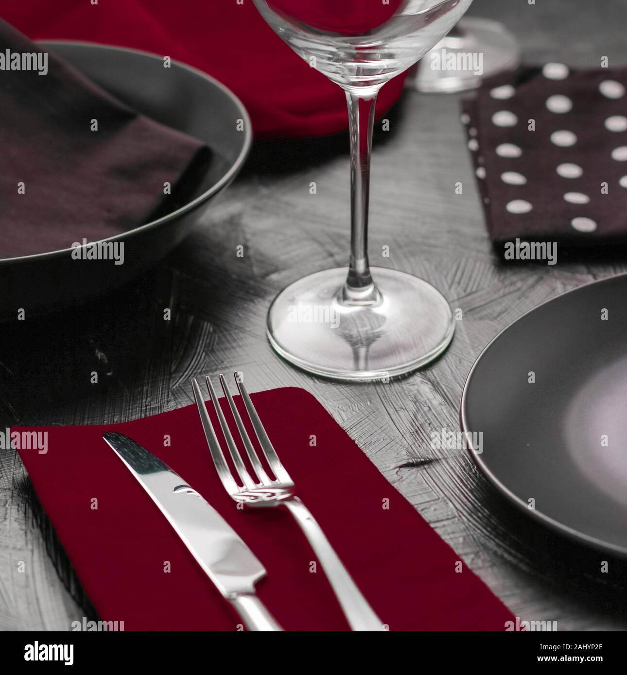 Dishware, menu and table concept - Empty tableware with red napkin ...