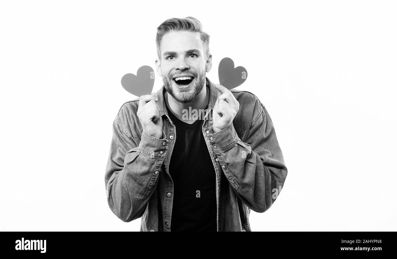 Romantic symbol. Guy well groomed hold heart white background. Romantic ...