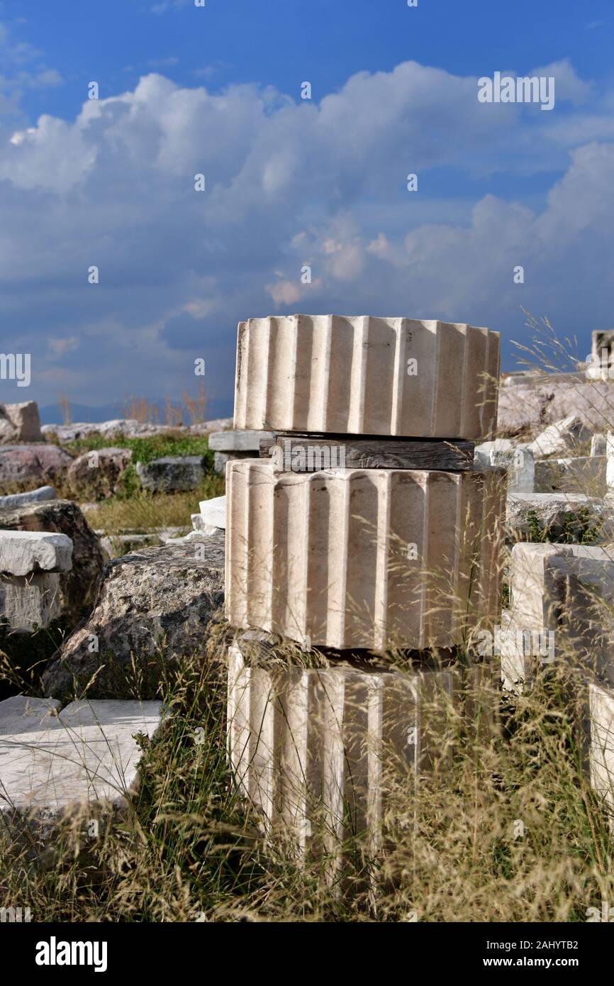 Greece. Athens. Details of Greek remains on the Acropolis. Broken ...