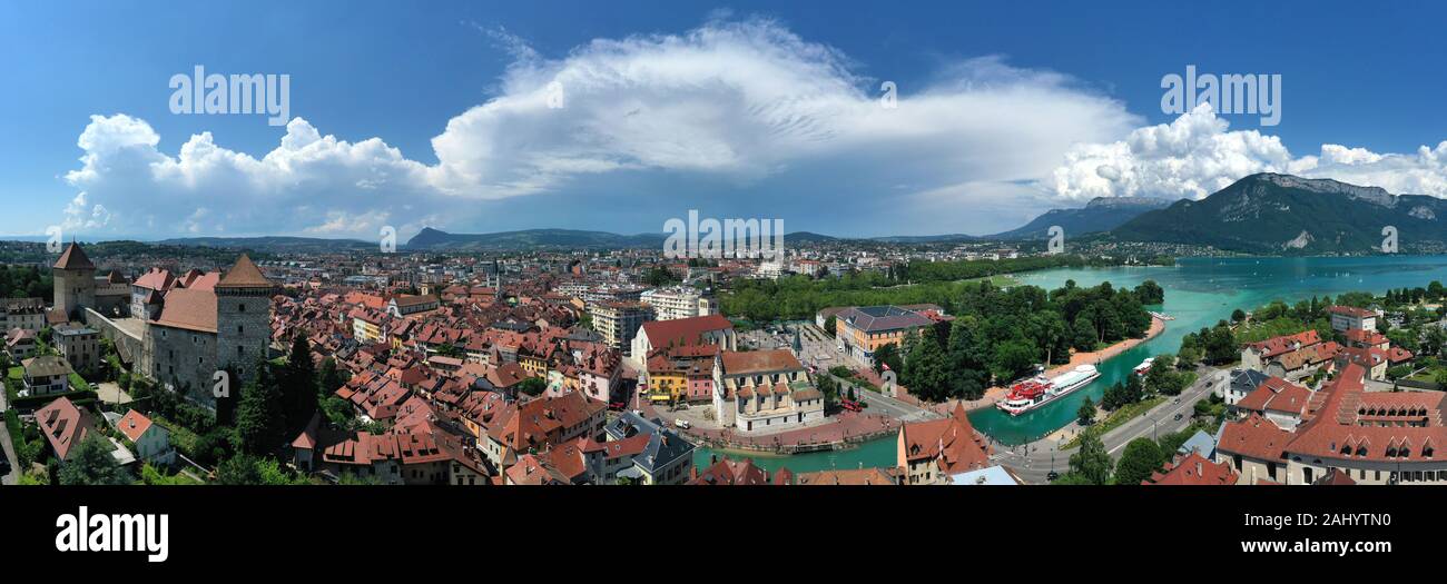 Annecy (central-eastern France). Aerial panoramic view in summer with ...