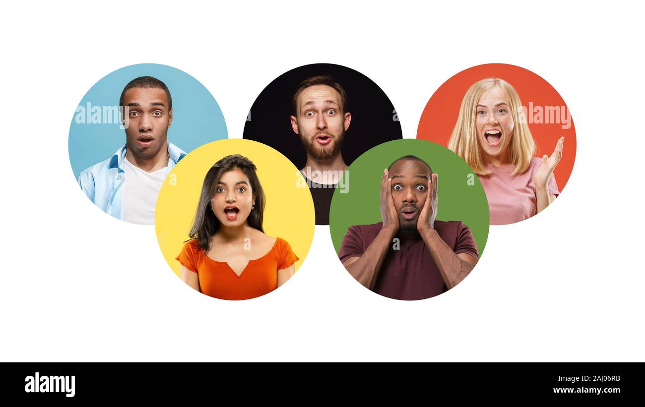 Portrait of group of young people isolated on multicolored studio ...