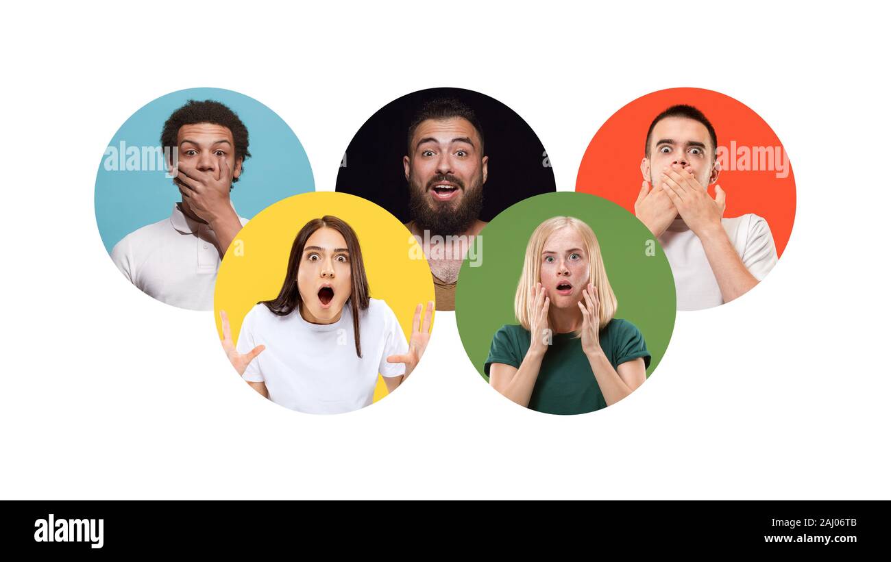 Portrait of group of young people isolated on multicolored studio ...