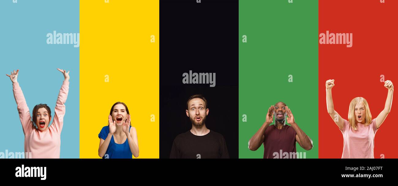 Portrait of group of young people isolated on multicolored studio ...