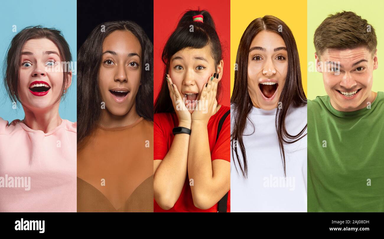 Portrait of group of young people isolated on multicolored studio ...