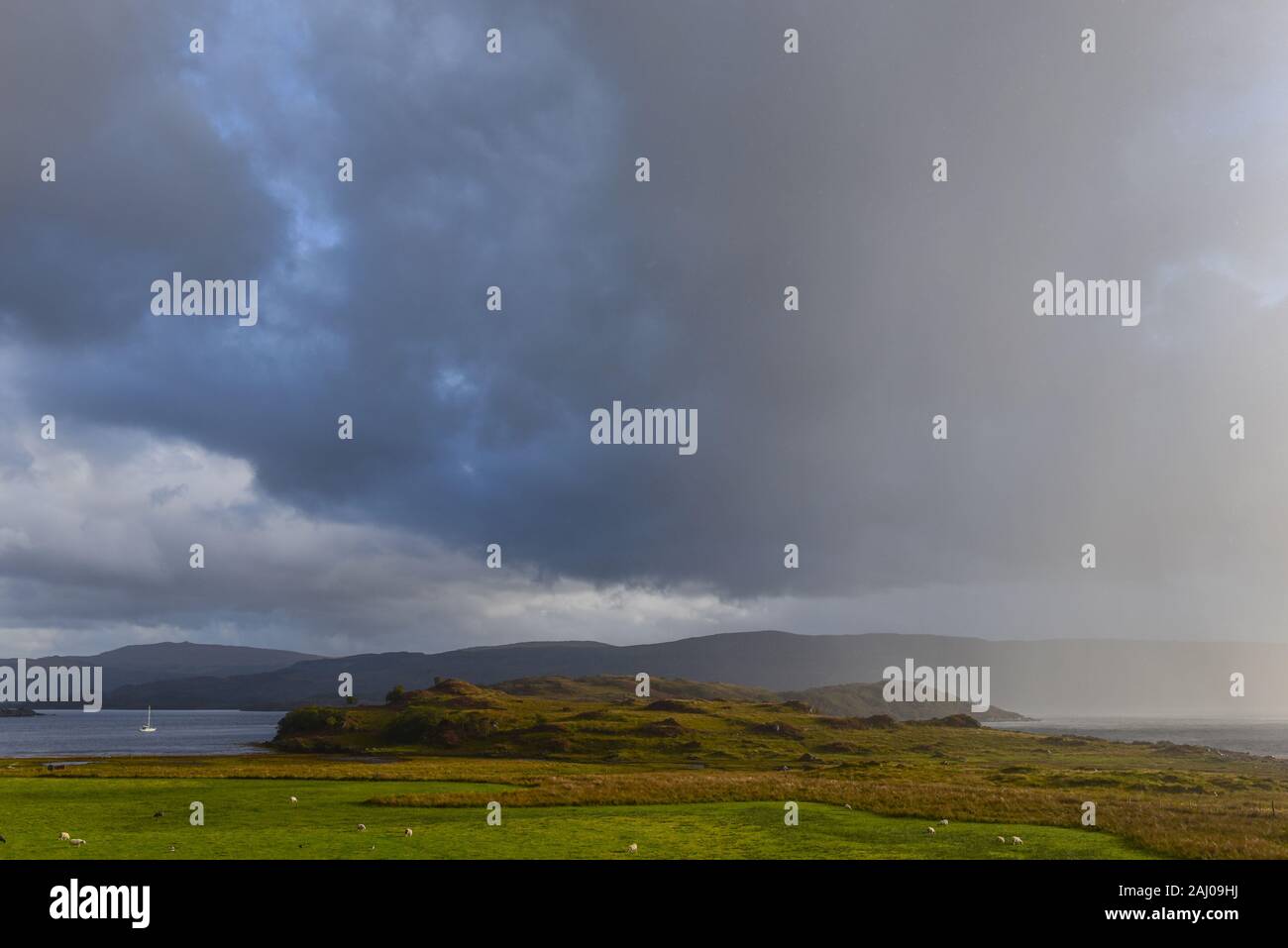 Rain squall aver Loch Sunart in Ardnamurchan Scotland Stock Photo - Alamy