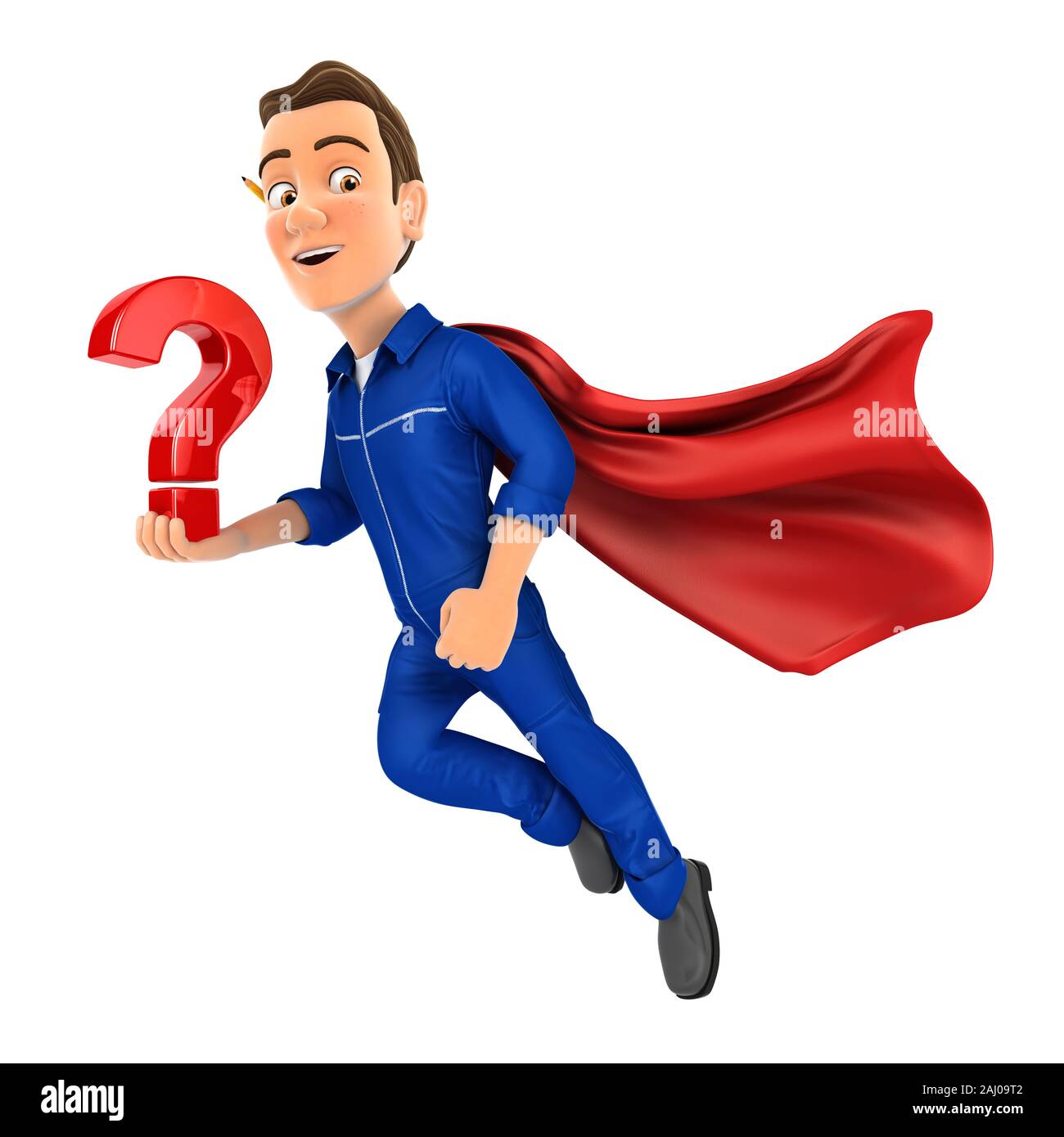 3d mechanic flying and holding question mark, illustration with ...