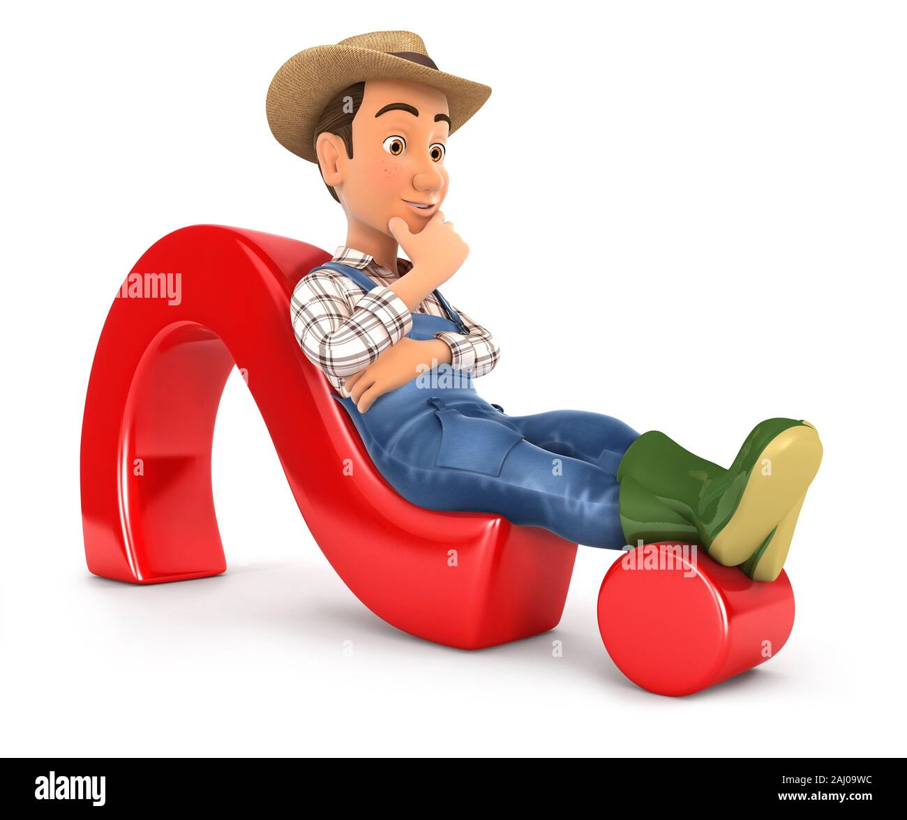 3d farmer lying on question mark, illustration with isolated white ...