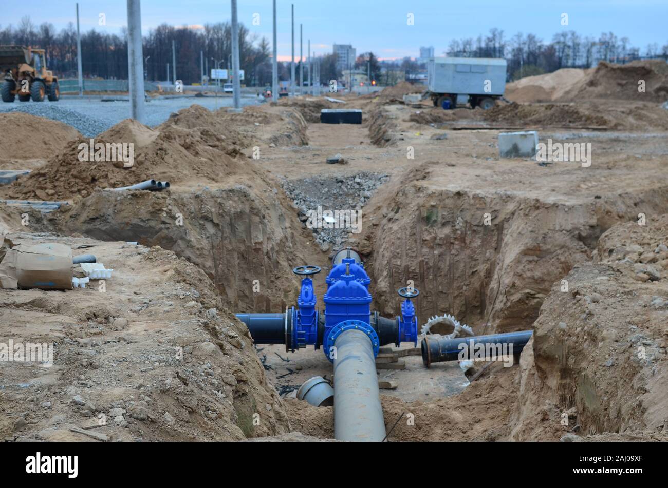 Construction of main water supply pipeline. Laying underground storm ...