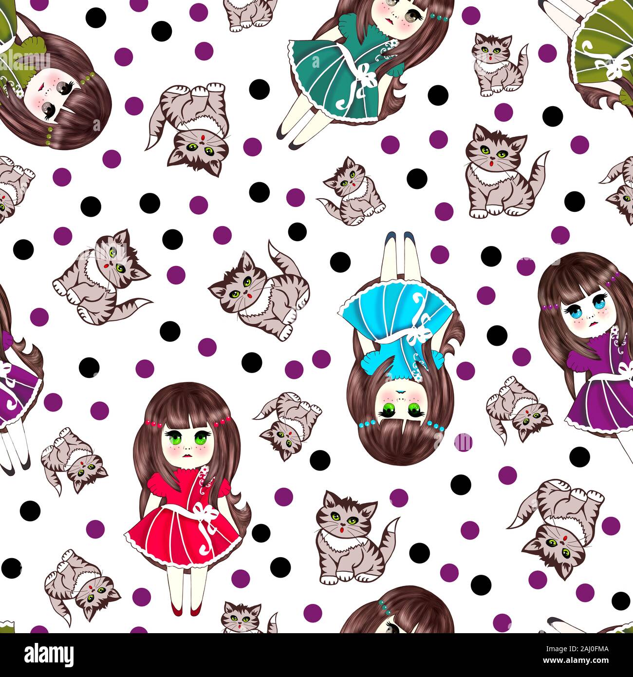 Seamless funny pattern with hawaii dolls, cats and dots on a white ...