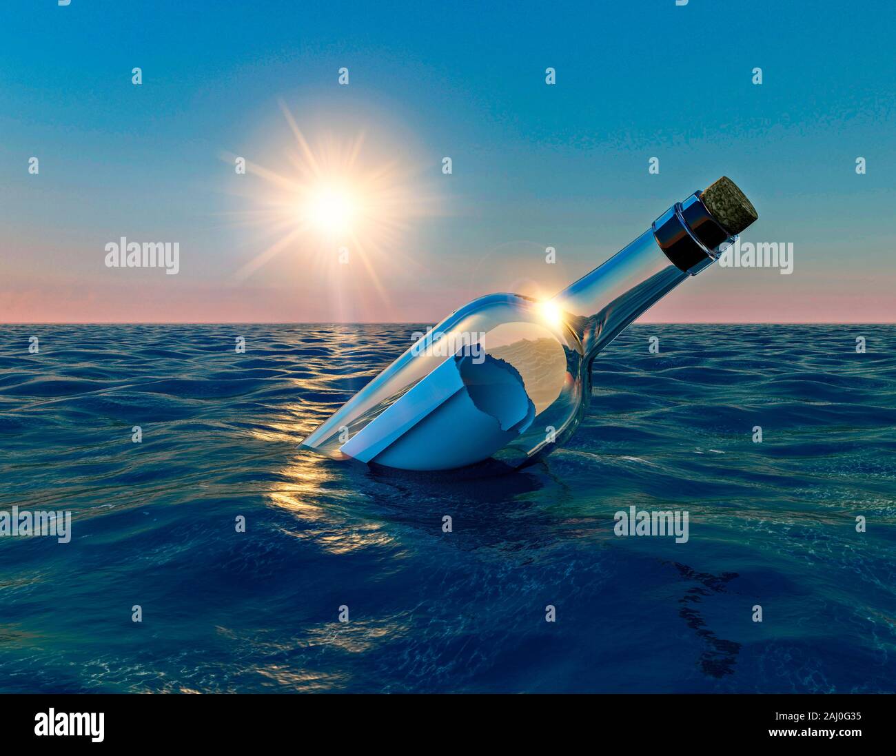 Message in the bottle, bottle floating in the ocean at sunset, 3d ...