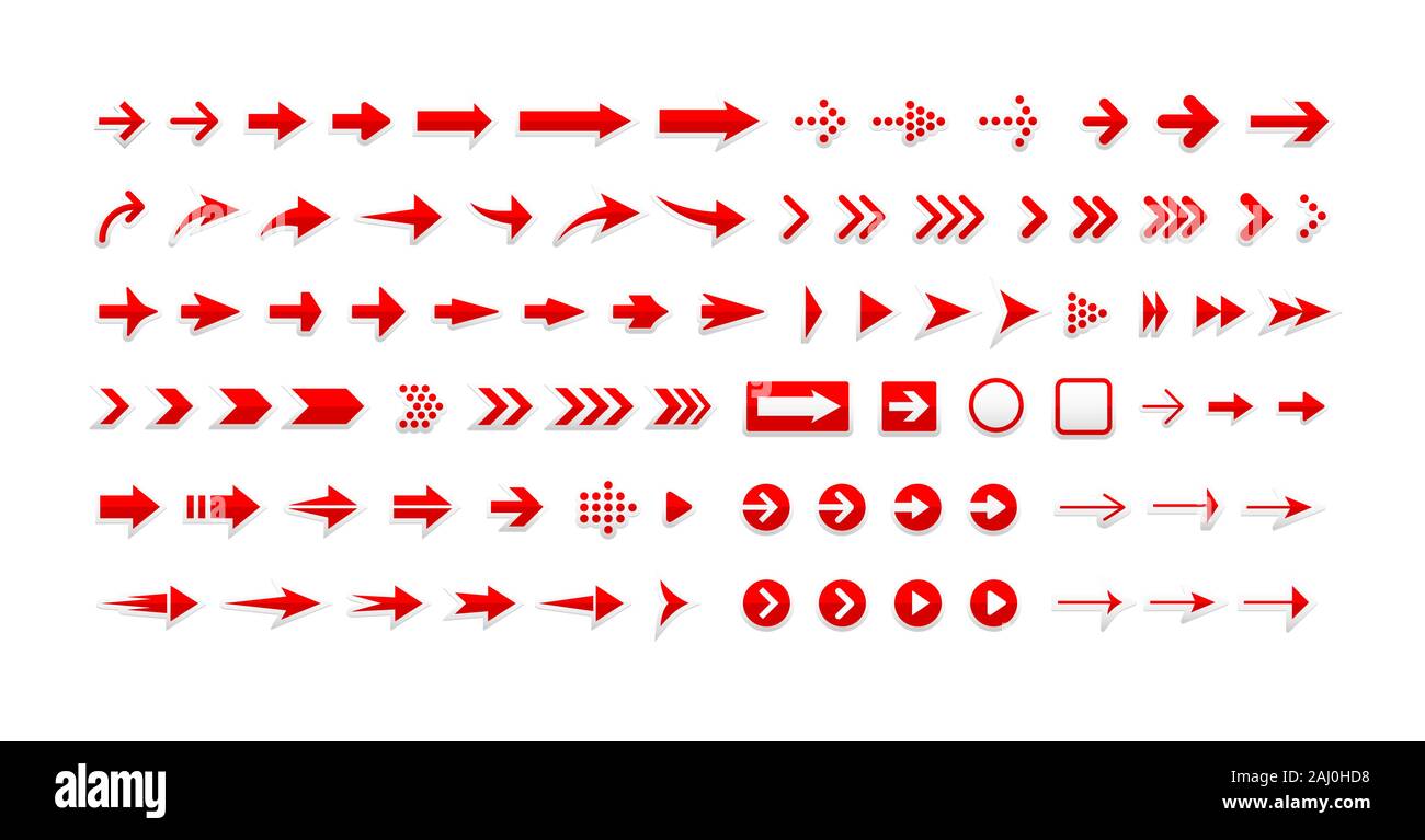 Arrows vector icons set, right pointers pack. Next, forward, previous buttons red signs bundle ...