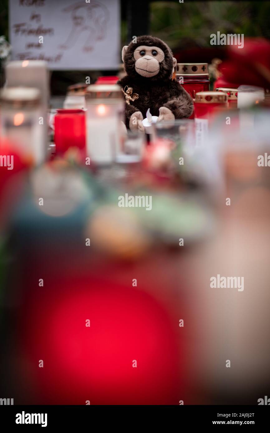 Krefeld, Germany. 02nd Jan, 2020. A plush monkey sits between candles ...