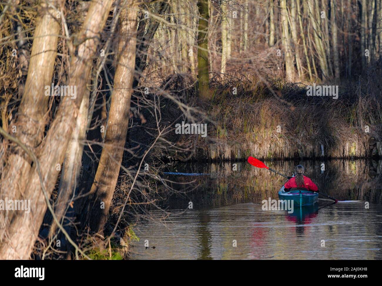 Leipe, Germany. 02nd Jan, 2020. A woman paddles with a boat over a ...