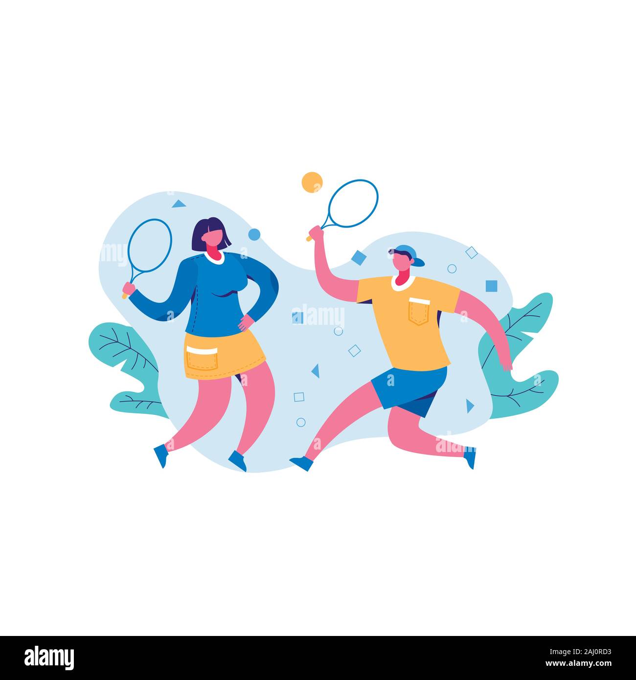 Active man and woman playing volleyball outdoor holding rackets ...