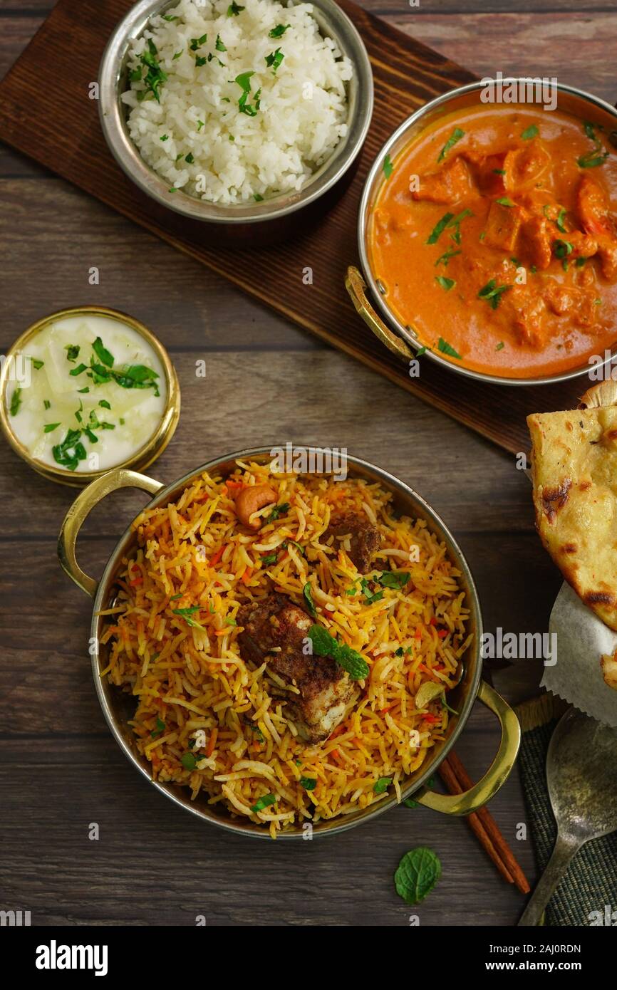 Indian meal / Restaurant menu concept - Mutton biryani, butter chicken ...