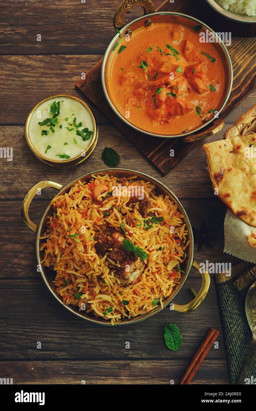 Indian meal / Restaurant menu concept - Mutton biryani, butter chicken ...