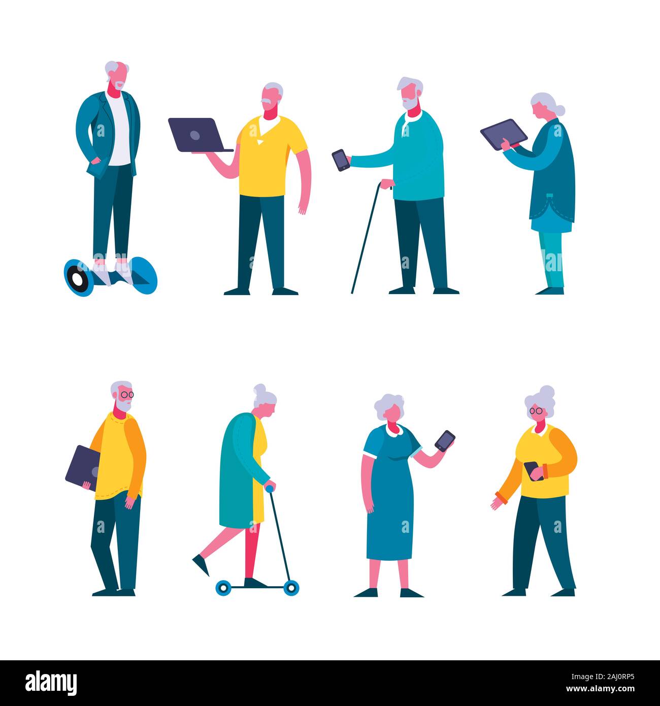 Set of elderly cartoon people enjoying modern device and digital ...