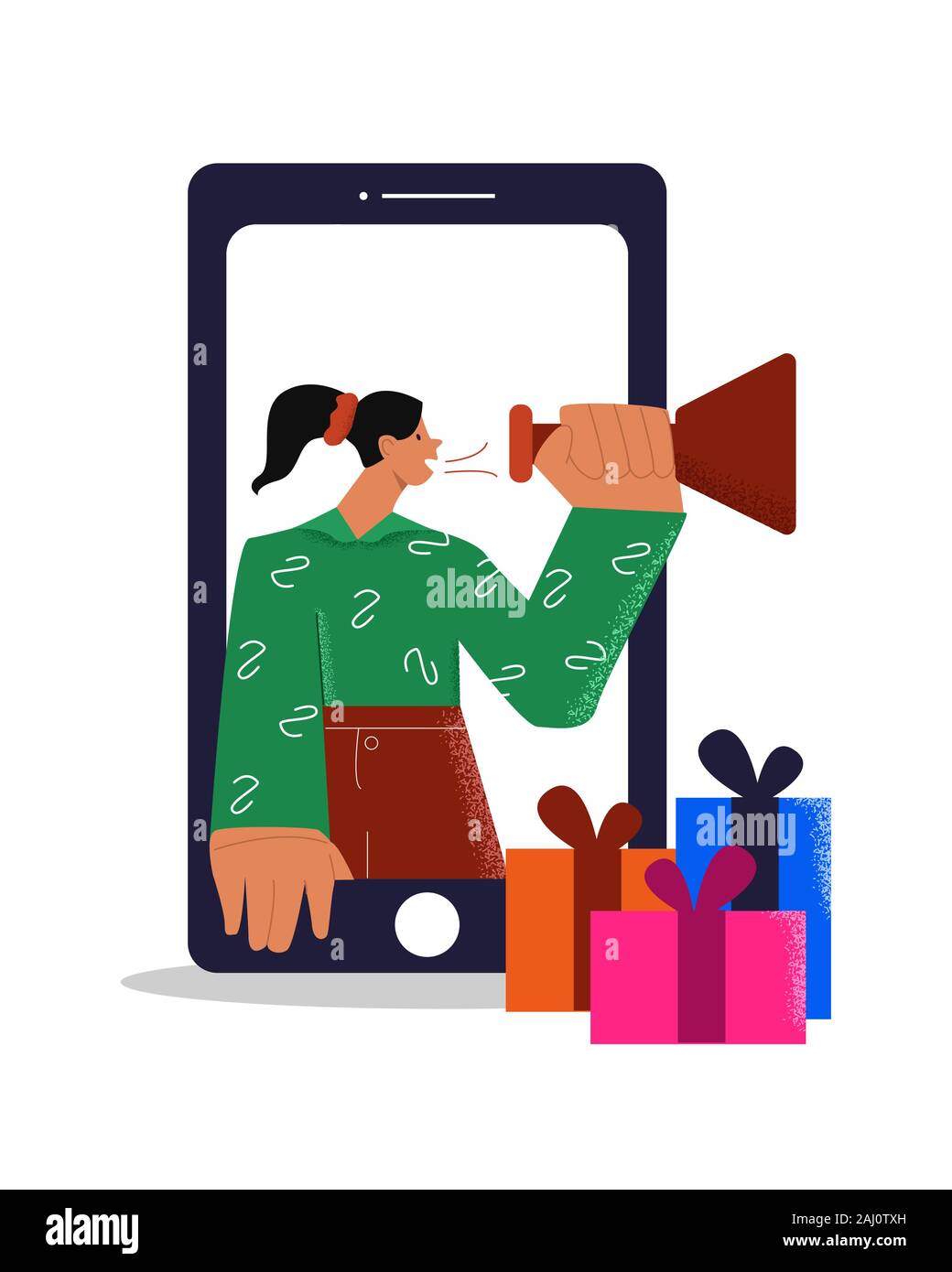 Cartoon female announcement online contest speaking at megaphone in ...