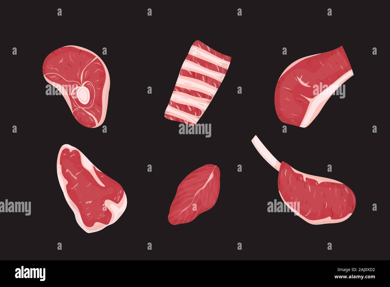 Set of red meats cuts. Vector Illustration. Black background Stock ...