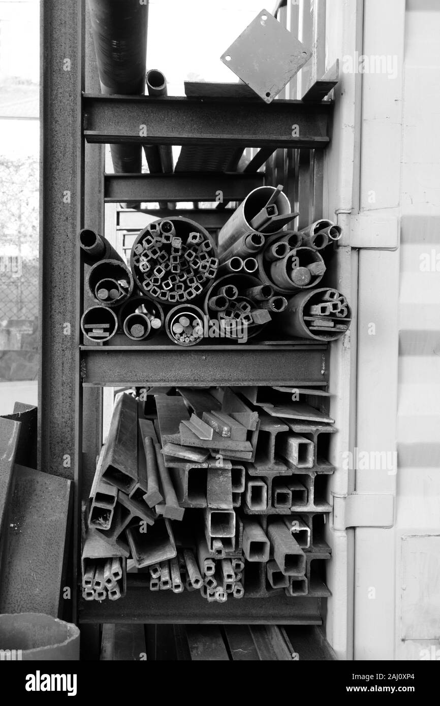 Black and white, steel stock, metal stock rack in boat yard Leigh on ...