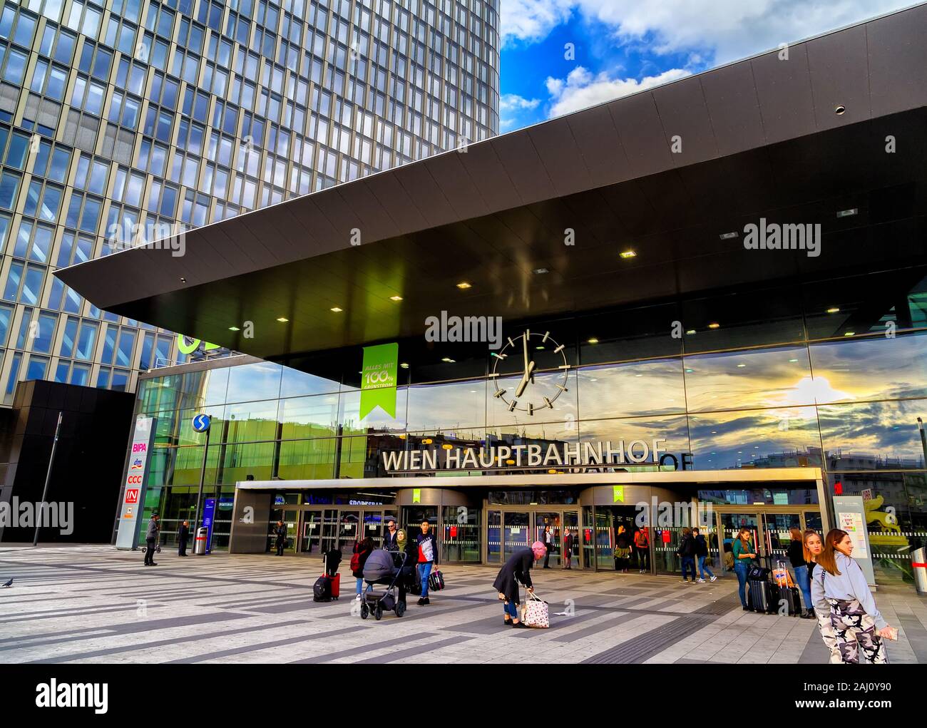 Facade of the main railway station of Vienna,with passengers in the ...