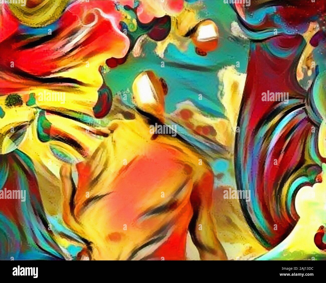 Complex abstract painting. Man with open door to another world ...