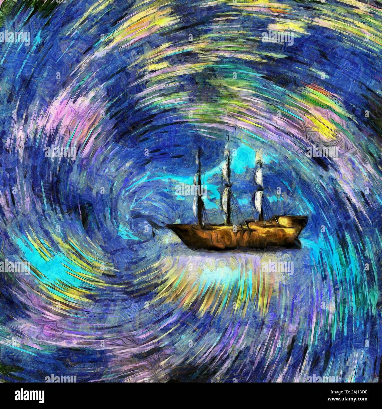 Sailboat in colorful vortex. Digital painting Stock Photo - Alamy
