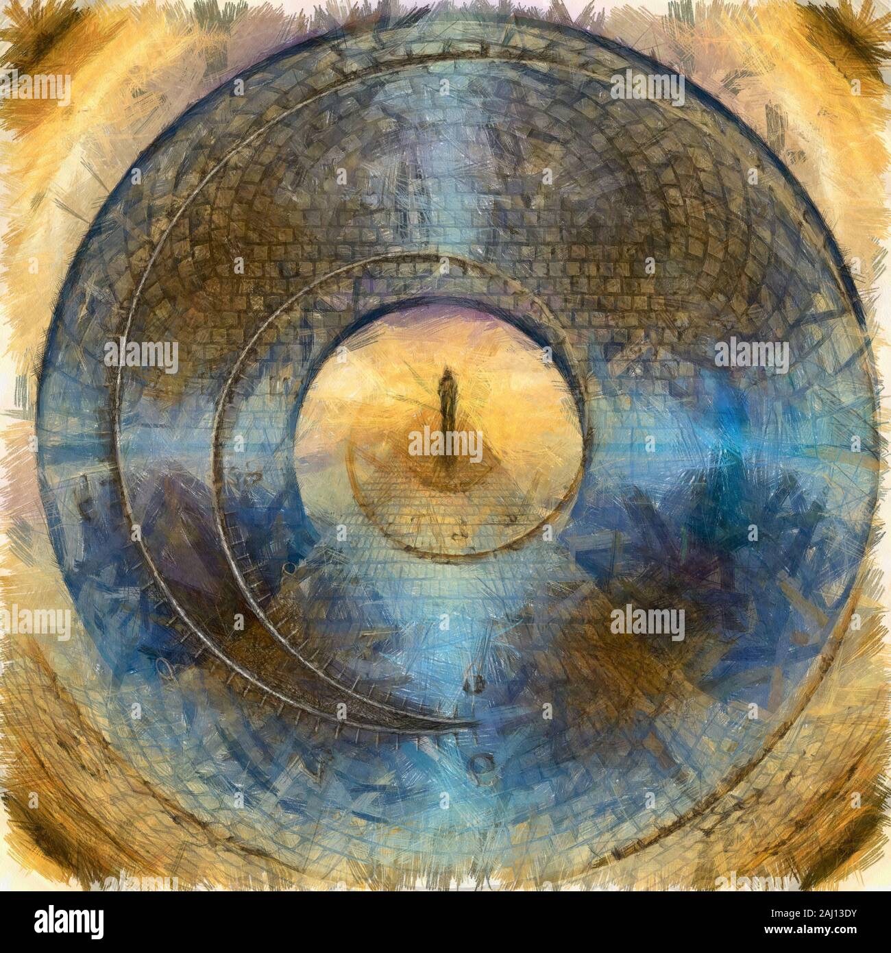 Lonely man walks on spiritual stone road to eternity. Surreal Art Stock ...